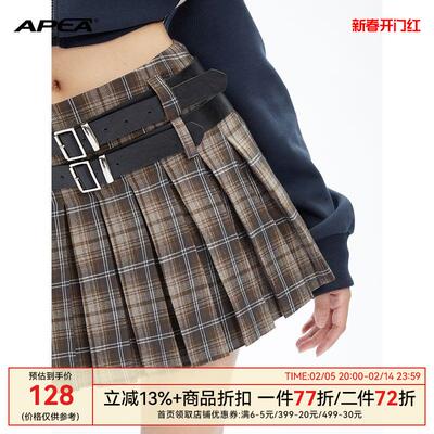 APEA美式复古学院风百褶裙女秋冬辣妹设计感咖色半身裙jk格子短裙