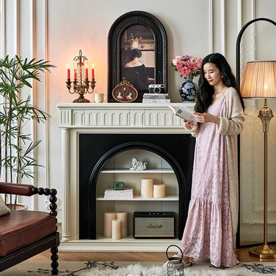 速发法厅奶油风收色壁炉装饰柜全实木客式靠墙白纳储物立柜门厅玄