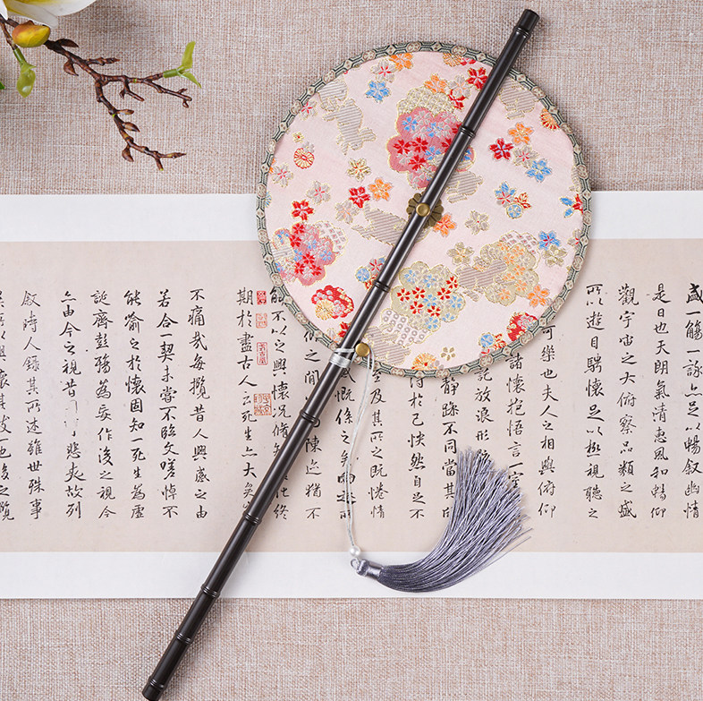 古风腰扇可卷古代汉服团扇中国风紫竹长柄大流苏走秀拍照挂腰扇子