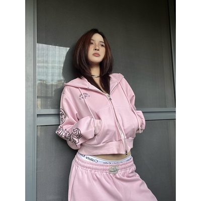 哥特风辣妹短款连帽卫衣开衫外套