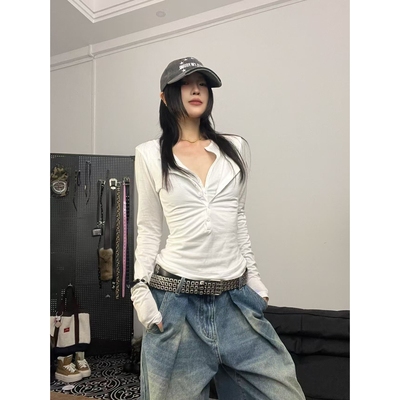 美式辣妹风亨利领修身显瘦长袖女