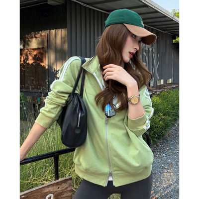 抹茶色条纹卫衣女新款休闲