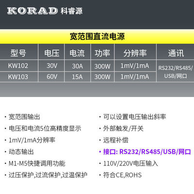 KORAD科睿源KWR102宽范围可编程直流电源300W恒功率电源KWR103
