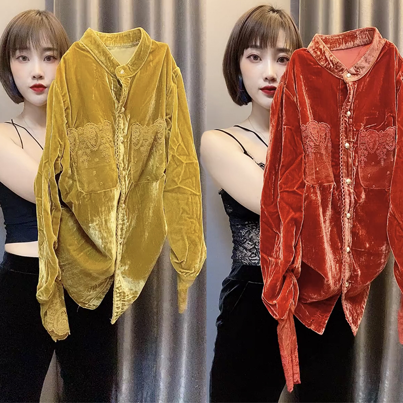 网红气质衬衫女23冬季洋气金丝绒拼接蕾丝立领洋气百搭遮肉打底衫_虎窝淘