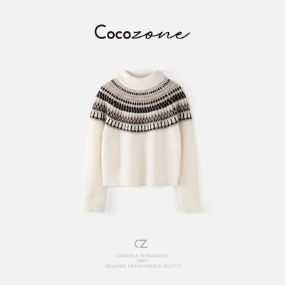 COCO ZONE 刘11 【羊毛混纺】撞色提花图案毛织上衣 CD2A2114