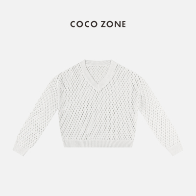 COCO ZONE&刘11设计感镂空针织衫防晒透气V领长袖上衣 23C19024