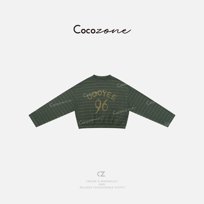 COCO ZONE 刘11 25新款撞色圆领条纹长袖字母T恤CD1A0668