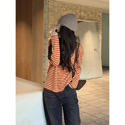 COCO ZONE 刘11 橘子晚霞2025秋季新款圆领撞色条纹长袖T恤上衣