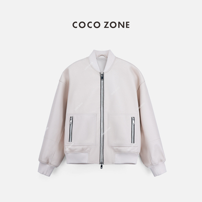 COCOZONE刘11春季新款翩翩皮衣立领口袋拉链设计皮衣上衣外套女