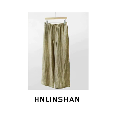 HNLINSHAN【芥曳】高密色织亚麻抽绳休闲阔腿裤BXK2024