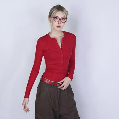 大佬街舞潮牌纽扣长袖辣妹打底内搭上衣针织时尚显瘦百搭显白7398