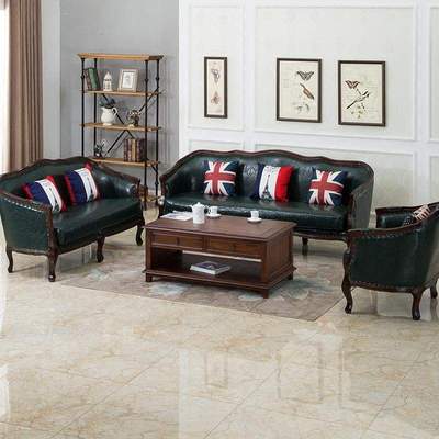 美式乡村全实木皮艺沙发复古皮布艺欧式沙发小户型客厅组合家具
