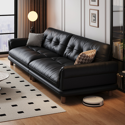 CBD客厅真皮沙发意式极简直排三人位小户型复古黑色实