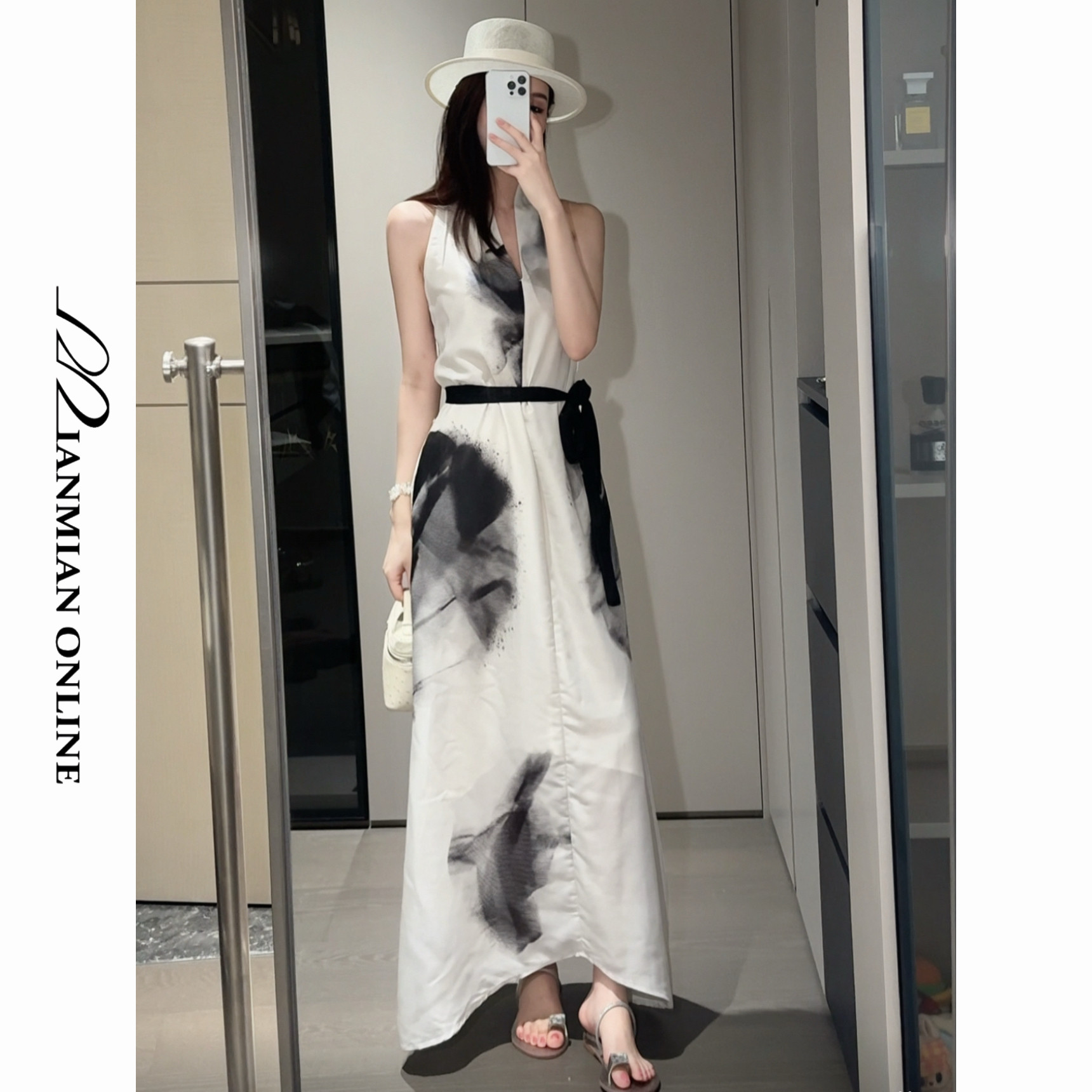 MIANMIANONLINE“白研”水墨渲染背心宽松棉麻连衣裙配腰带392