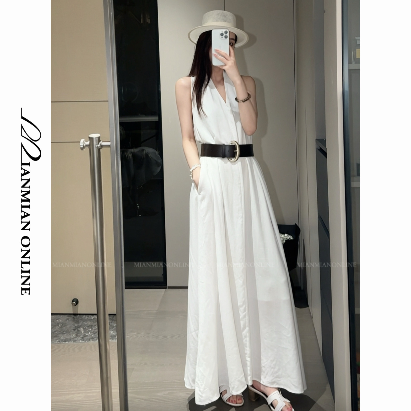 MIANMIANONLINE“素风裙”背心宽松棉麻连衣裙配腰带386