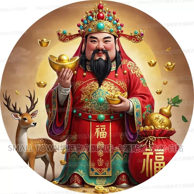 网红圆形财神爷贴画防水防晒自带背胶室内贴墙上车身入户门自粘贴