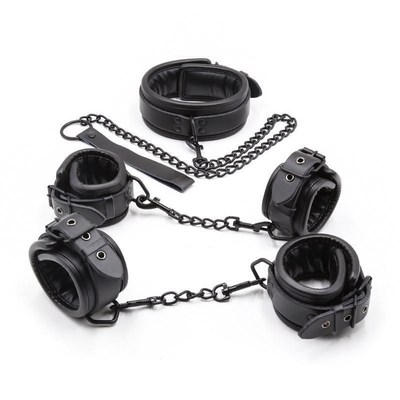 Black Genuine Leather Bdsm Bondage Set 3pcs Restraints Colla