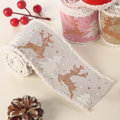Christmas webbing圣诞蝴蝶结织带仿麻麋鹿圣诞树装饰diy麻布卷