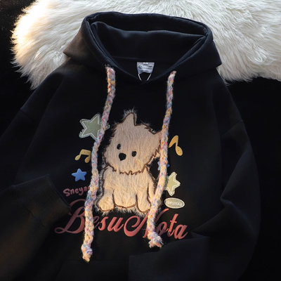 可爱小狗植绒黑色连帽卫衣女秋冬爆款慵懒风宽松潮牌情侣外套加绒