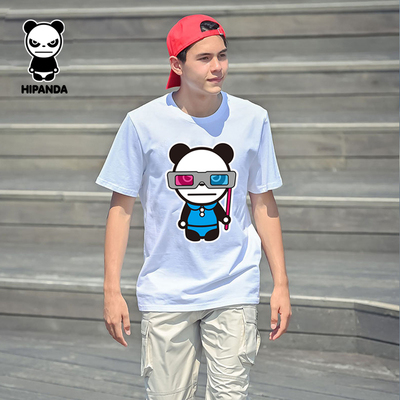 Hipanda你好熊猫T恤短袖新款观影熊印花街头宽松男女同款款潮牌