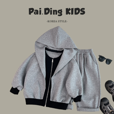 【现货】春装儿童韩版个性假两件休闲连帽外套裤子两件套HCXZ4031