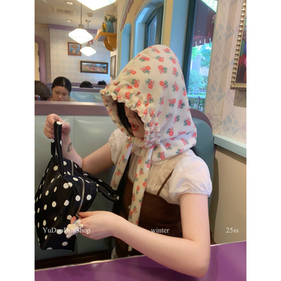 复古泡芙花边显脸小帽子围巾一体