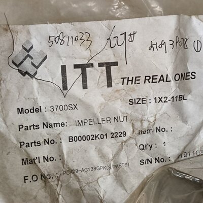 ITT Goulds 叶轮螺母，3700SX 泵的原厂叶轮螺
