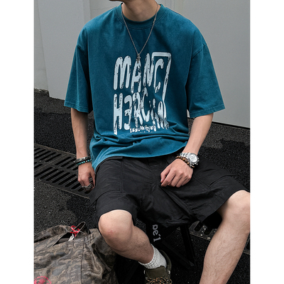 重磅水洗喷马骝爆裂印花短袖男