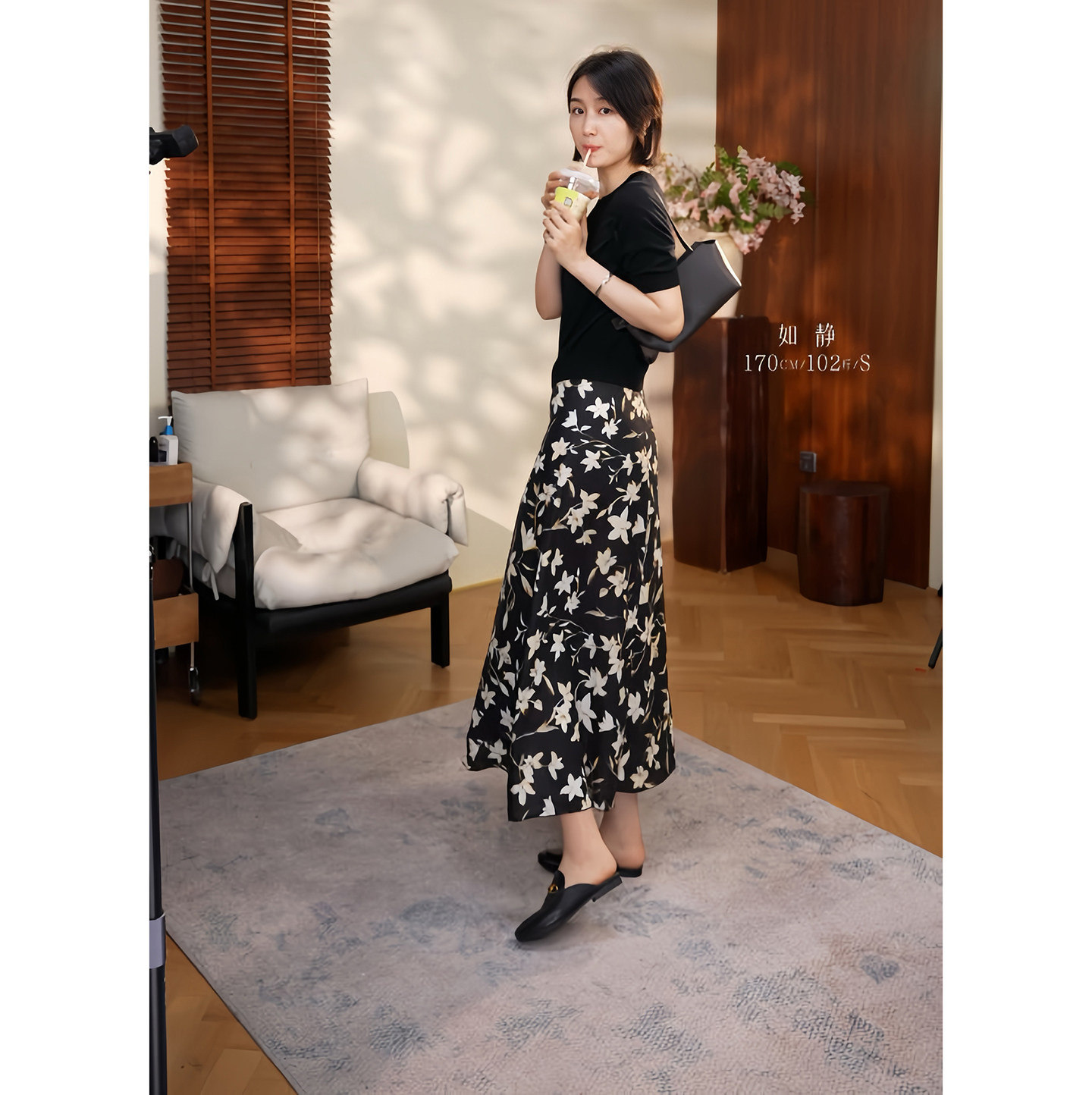 RUJING丨黑标【墨盏百合】亚麻印花半裙2026夏大方得体老钱风裙子