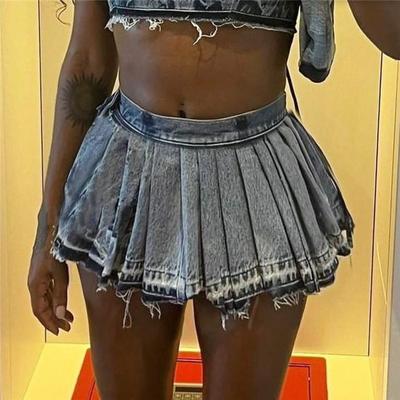 欧美时尚性感牛仔百褶短裙半身裙 Sexy Mini Pleated Denim Skirt