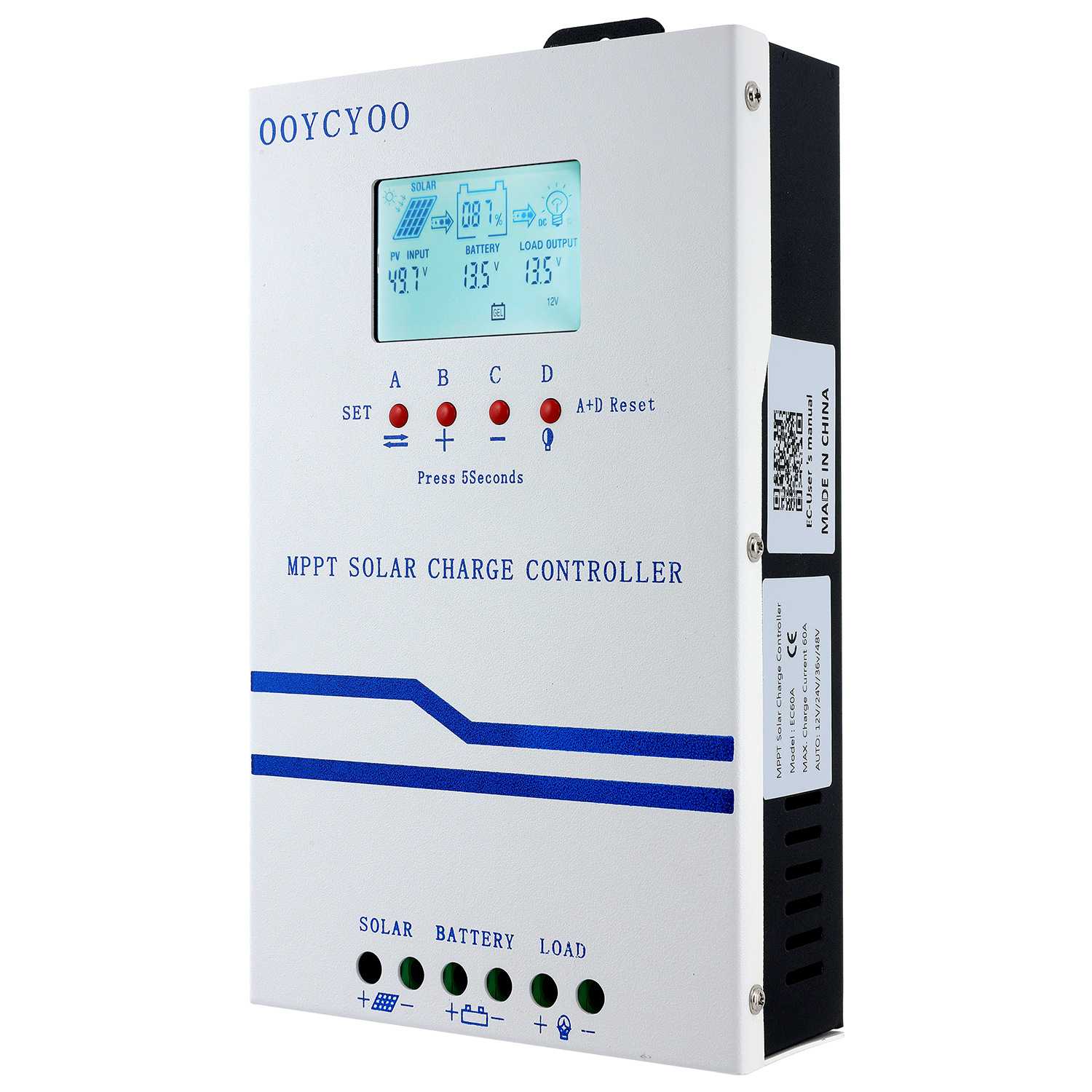 MPPT 太阳能控制器 60A 12V 24V 36V 48V 自动识别，支持多种电池