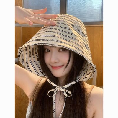 条纹系带大檐防晒显脸小渔夫帽女