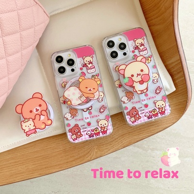 创意卡通草莓轻松熊磁吸支架适用苹果iPhone16plus手机壳15/14pro可爱少女13proma防摔12/11promax全包保护套