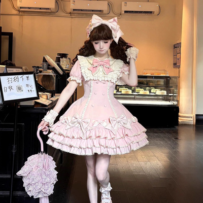 条纹千层Lolita洛丽塔粉色蛋糕裙可爱甜美公主短袖op生日春夏裙子