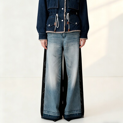 LOLO MIRIAM｜26春牛仔裤显瘦裤子阔腿长裤拼色复古做旧313W7N004