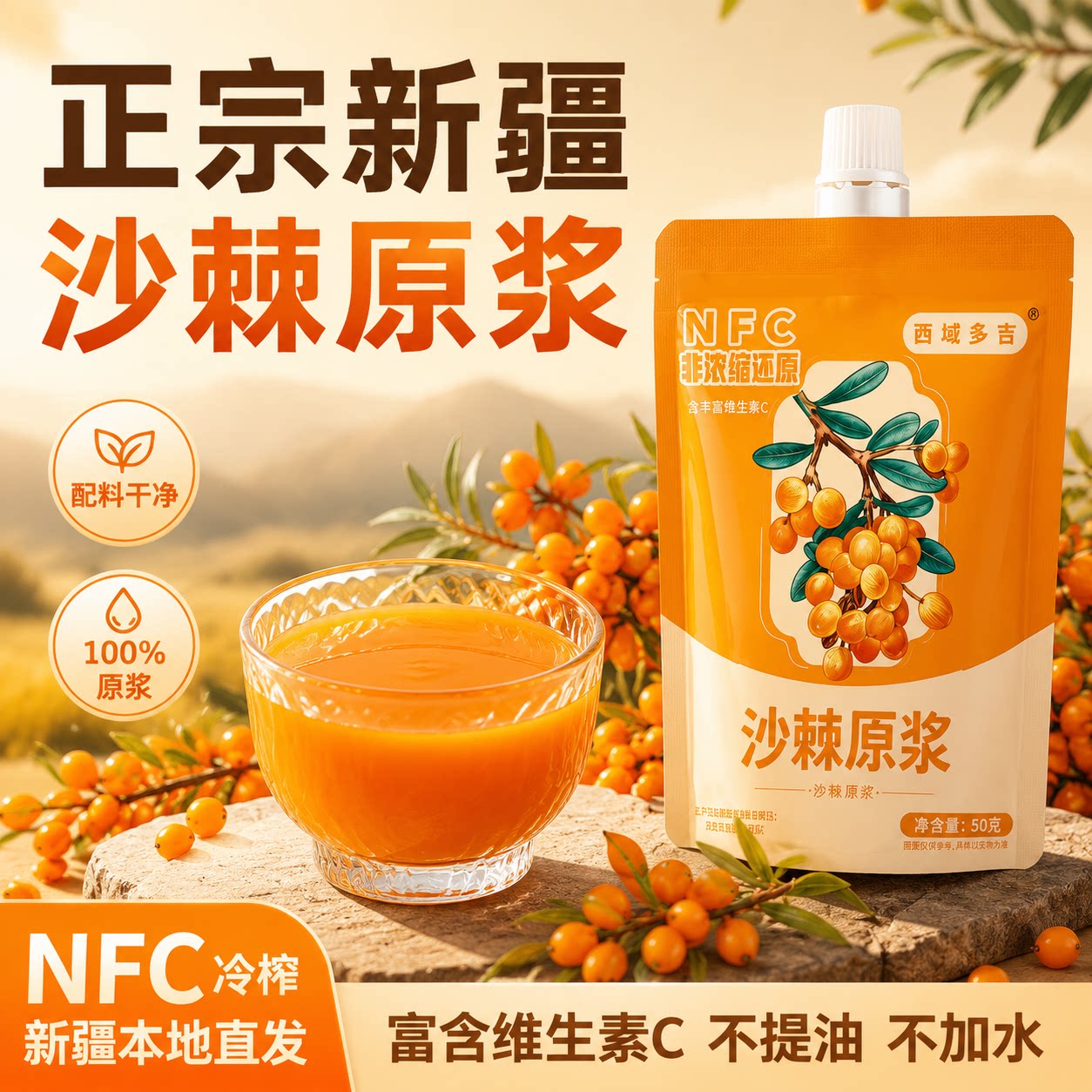新疆特产新疆沙棘原浆沙棘果汁沙棘汁NFC冷榨富含维生素C鲜果鲜榨