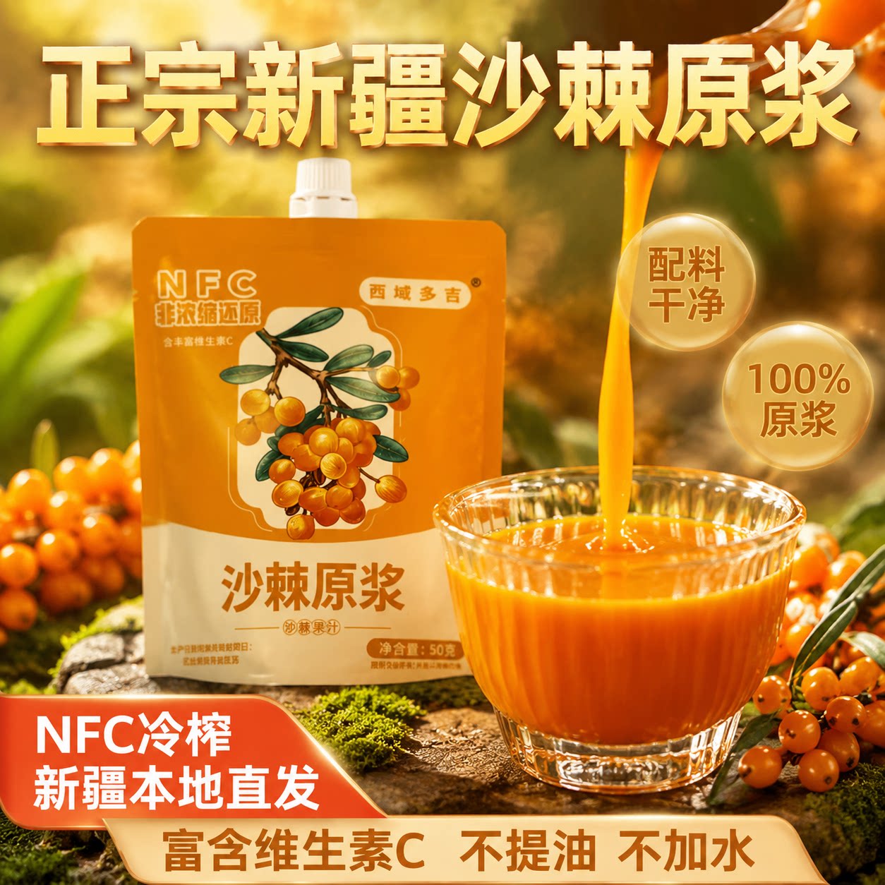 新疆特产新疆沙棘原浆沙棘果汁沙棘汁NFC冷榨富含维生素C鲜果鲜榨