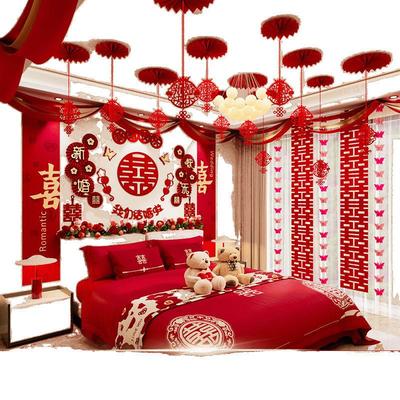 女生出嫁婚房布置中式婚礼主卧室背景墙天花板拉花热卖厂家