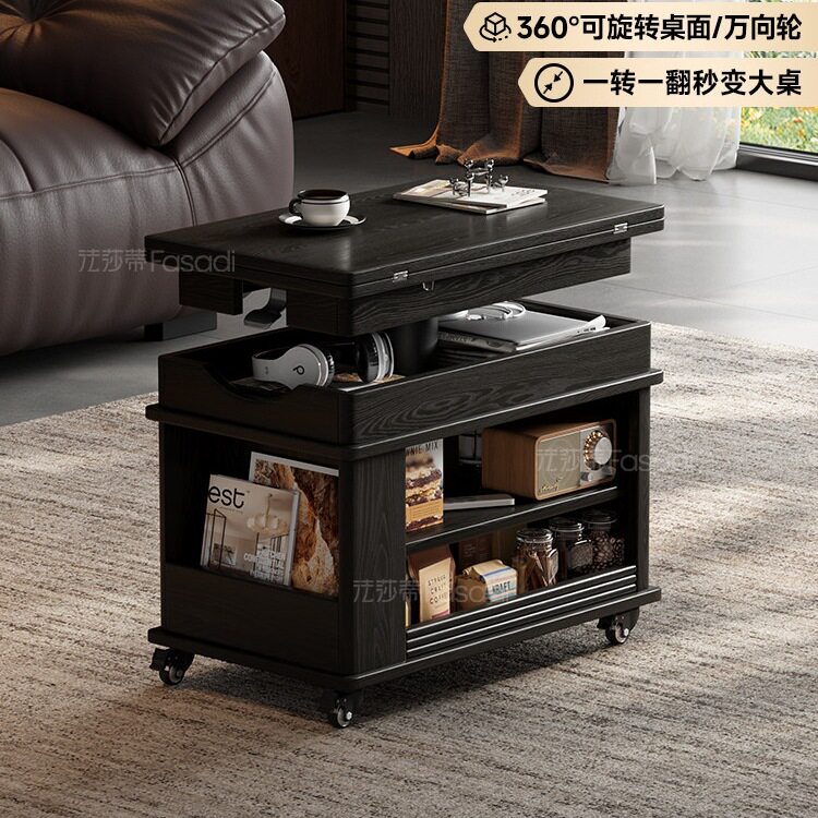 中古实木折叠茶几可升降小户型家用沙发可移动小推车边几H^