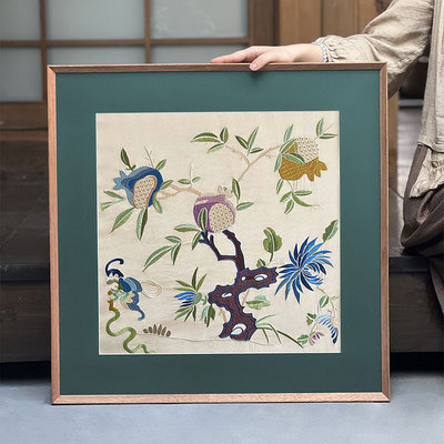 【三彩石榴】非遗刺绣传承古物博物馆珍藏新中式客厅书房装饰画