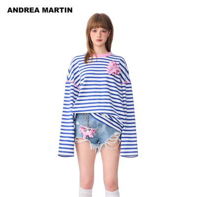 【卓沅同款】ANDREA MARTIN秋冬新款条纹钩织小马T恤衫女上衣