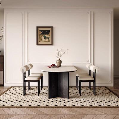 法式圆复古德利丰岩板餐桌靠家51621用小户型半圆形木椭形岛台墙