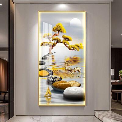 现代轻奢玄关装画迎客入户正壁对门挂UBD饰画走廊过道山水风松景