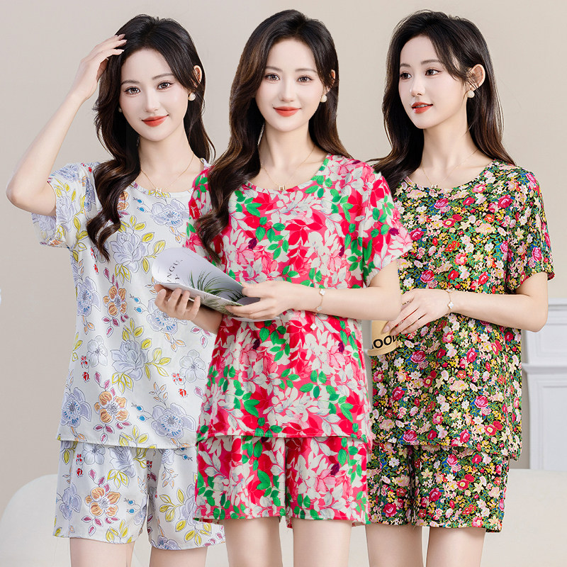 2025新款夏季女短袖短裤套装棉绸睡衣碎花家居服两件套可外穿睡衣