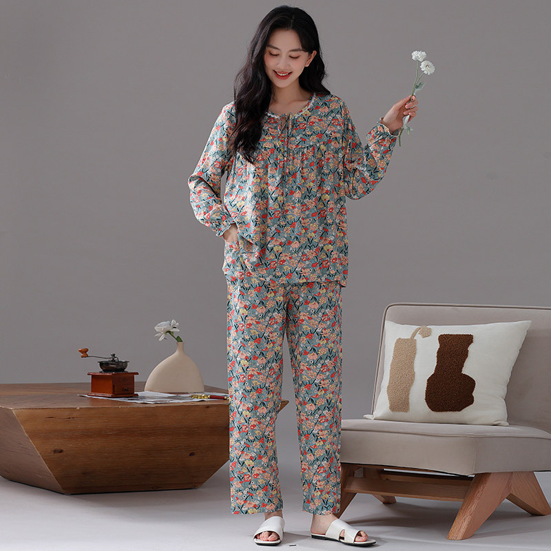 防凸点睡衣女款春秋绵绸薄款长袖夏季清凉带胸垫家居服套装可外穿