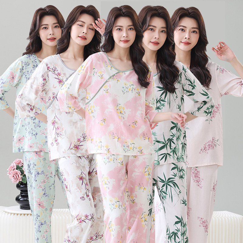 2026新款夏季女士七分袖棉绸睡衣长裤两件套国风人造棉家居服套装