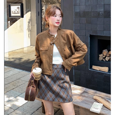 复古美拉德套装裙秋2025新款短外套格子短裙两件套QD82288