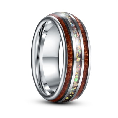 8mm Inlaid Wood Dome Men Tungsten Carbon Ring Opal Couple En