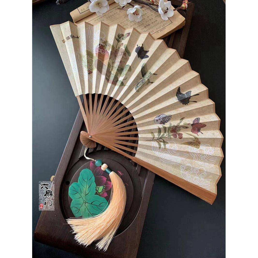 花鸟猫咪蝴蝶折扇子8寸双面覆古风女士日用大汉服绢布折叠竹扇夏
