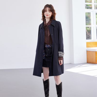 纳纹25秋季秋款翻领中长款假两件休闲外套气质时尚百搭风衣女